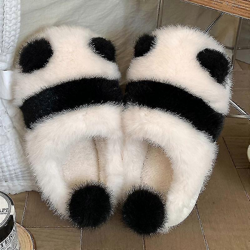Kawaii Panda Slippers Women Girls Fluffy Fur Slides Winter Warm Plush ...