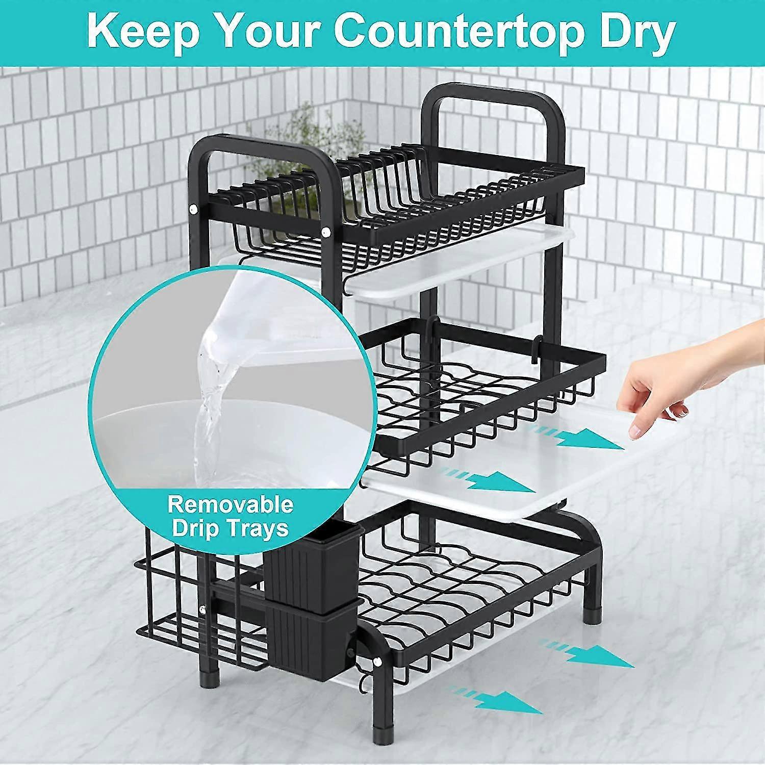 Dish Drainers Rack With Drip Tray, 3 Tier Large Dish Drying Rack With ...