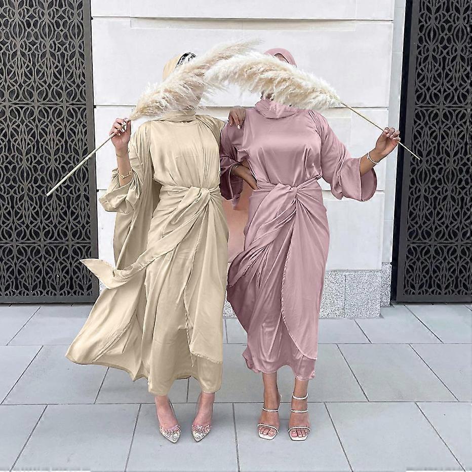 3 Pieces Matching Muslim Sets Eid Satin Abayas For Women Dubai Hijab ...