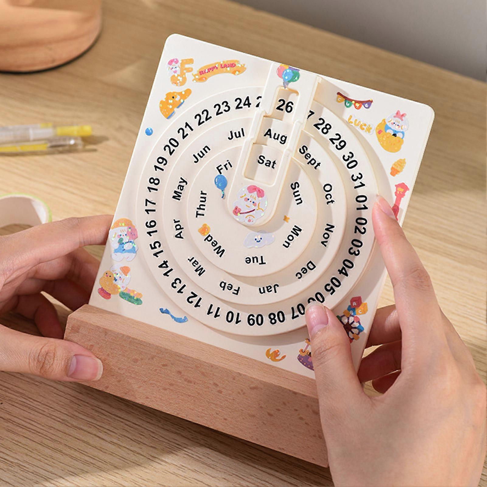 Perpetual Calendar Small Rotating Desk Circular Calendar with Wooden ...