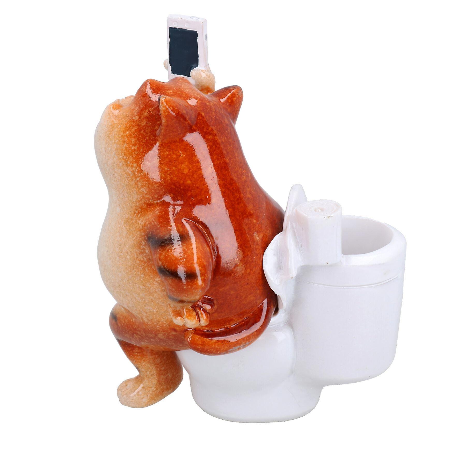 Fat Cat Selfie Picture On Toilet Pen Holder Ornament Statue Garden ...