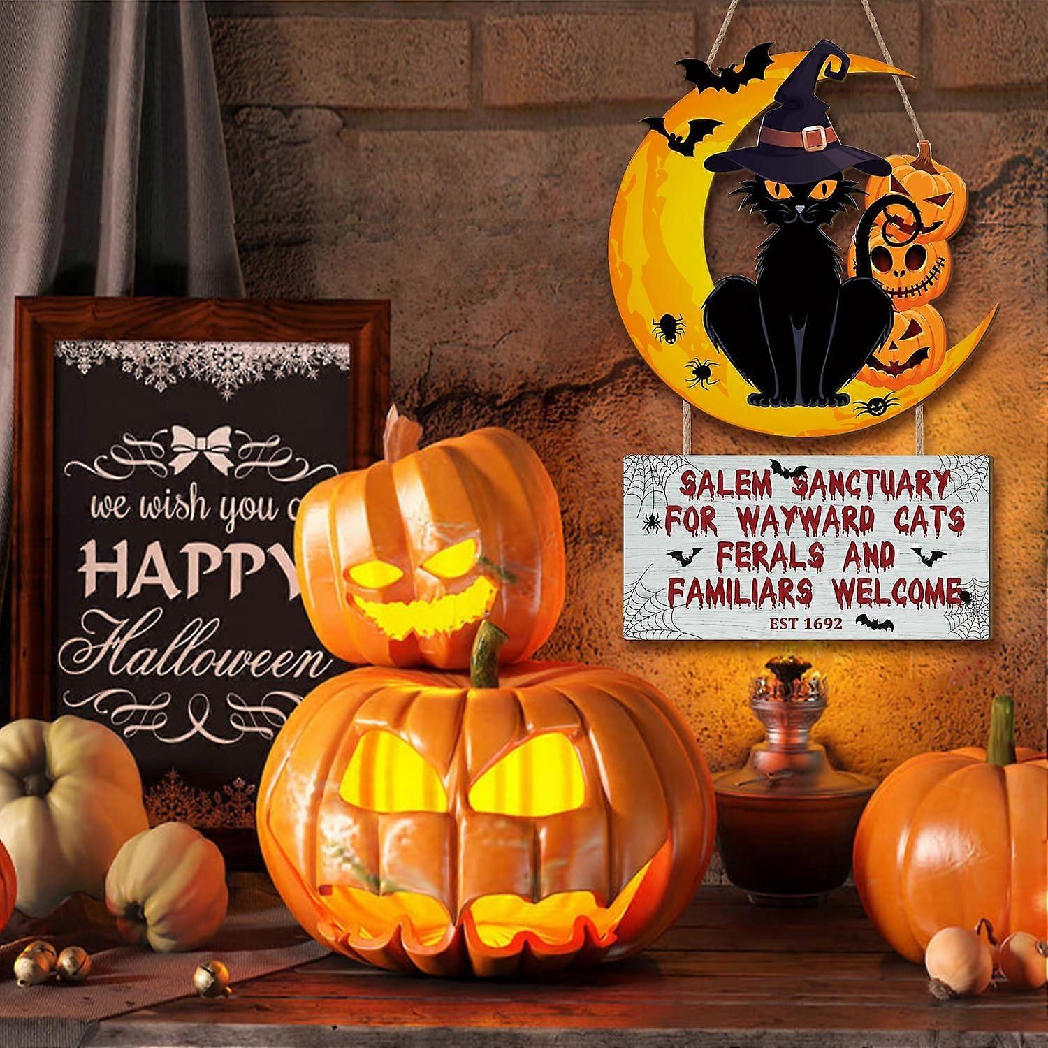 Halloween Wall Decoration,Black Cat Sign,Black Cat Pumpkin Wood Sign ...