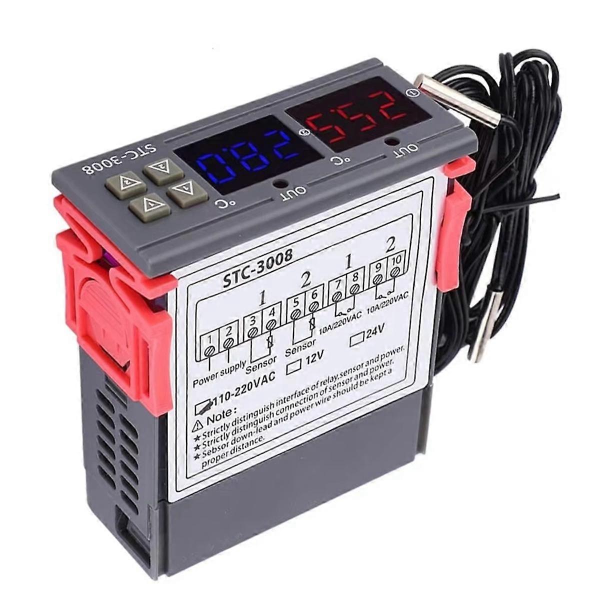Dual Digital STC-3008 Temperature Controller Two Relay Output Thermostat Heater with Probe ...