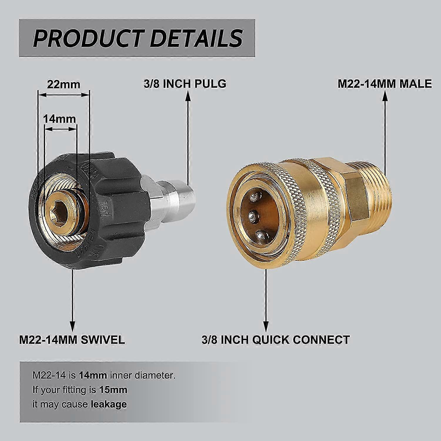 Pressure Washer Adapter Set, Quick Disconnect Hose Fittings, Brass Couplers Of M22-14 Swivel To ...