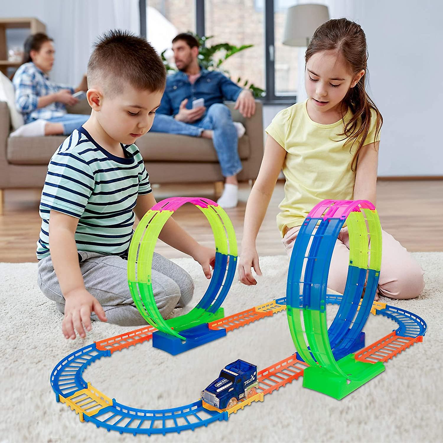 Kids Race Car Track Sets, Flexible Train Tracks for Toddlers with LED ...