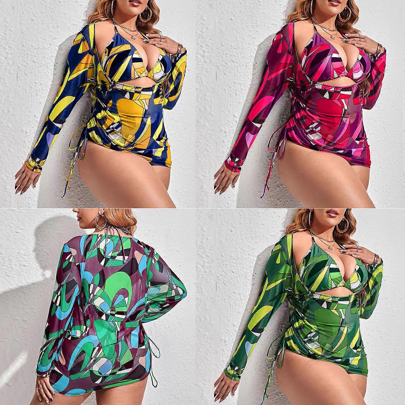 Women Thong Panties Triangle-Bikini Crocheted Hollow Out Cover Up Dress 3Pieces Bathing Suit ...