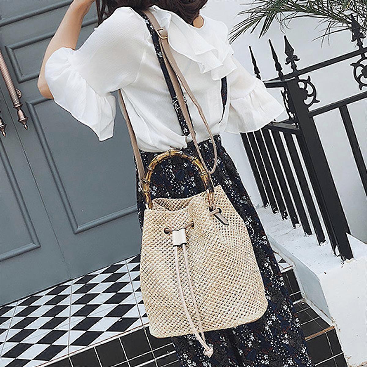 Straw Drawstring Bucket Bag Summer Crochet Tote Purse Strap Crossbody ...
