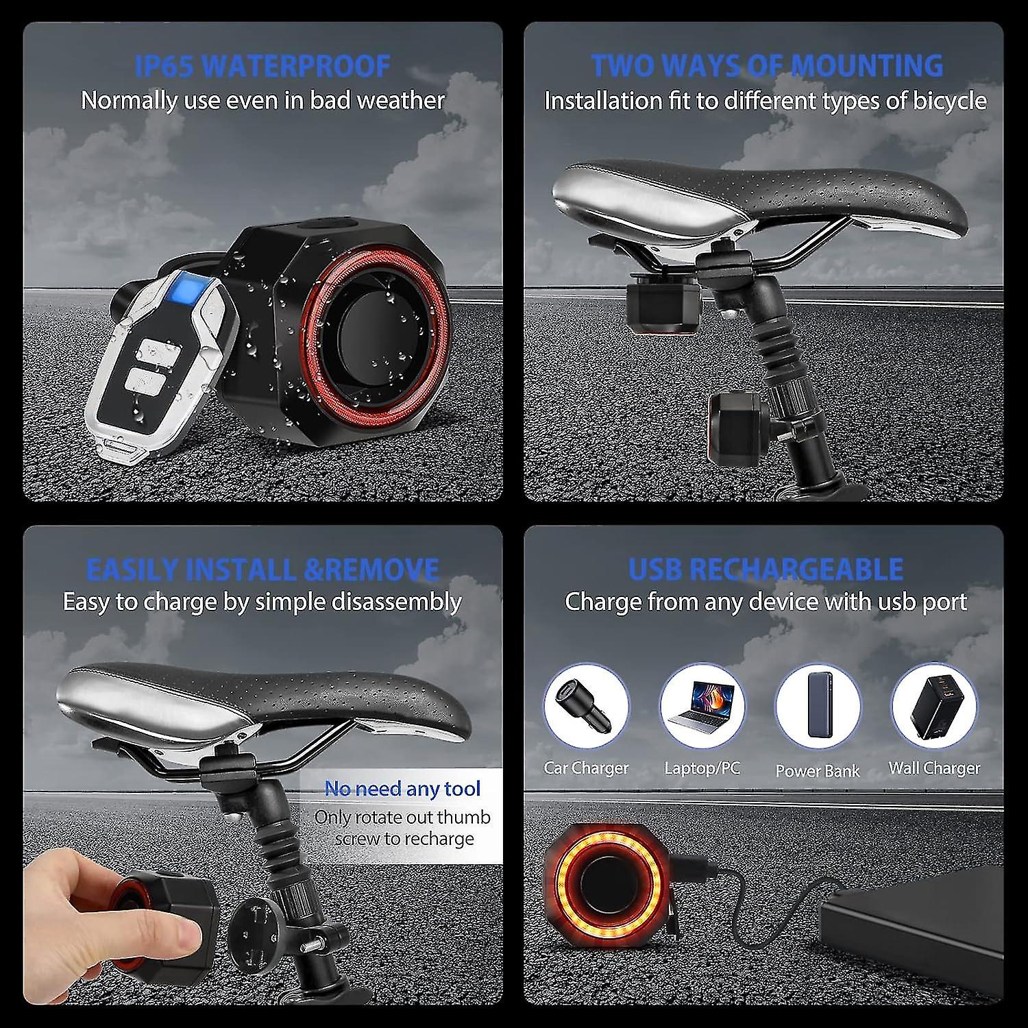 Auniq Bike Alarm with Tail Light, USB Rechargeable Anti-Theft Bicycle ...