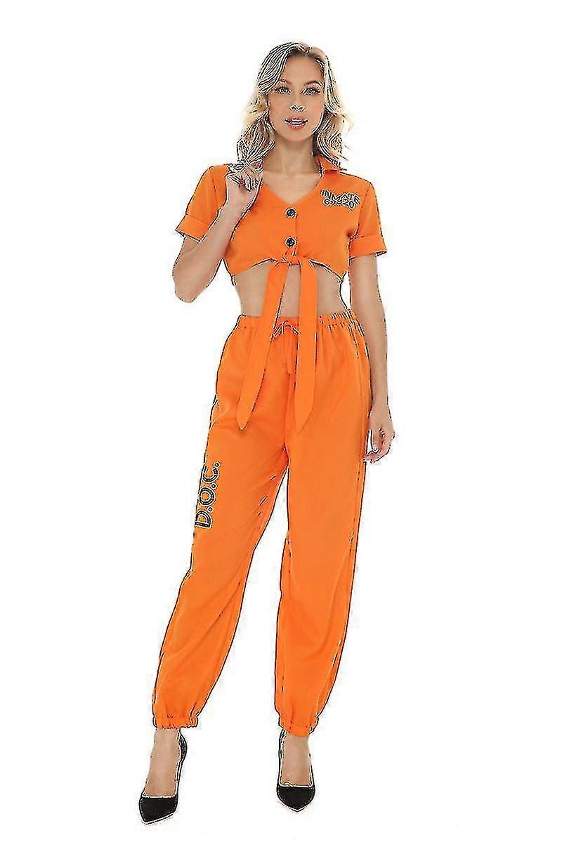 Adult Womens Orange Prisoner Costume Prison Outfits Top Pants Suit ...