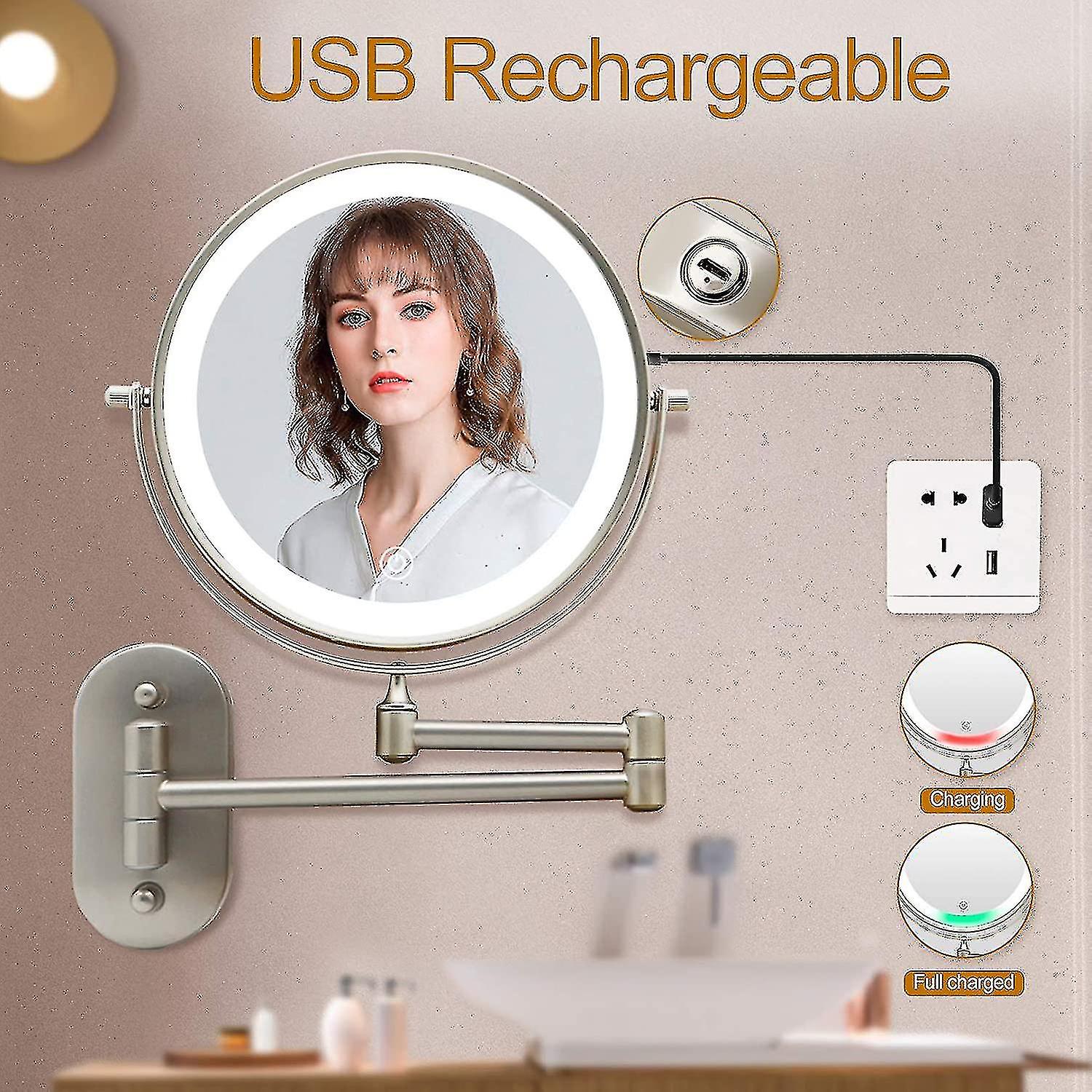 Rechargeable Lighted Makeup Mirror Wall Mount, Extendable Double Sided ...