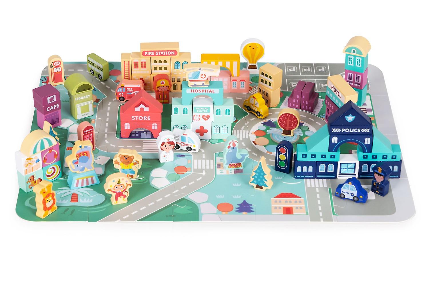 Educational Wooden Blocks City Set Rug 121 pcs | Fruugo UK