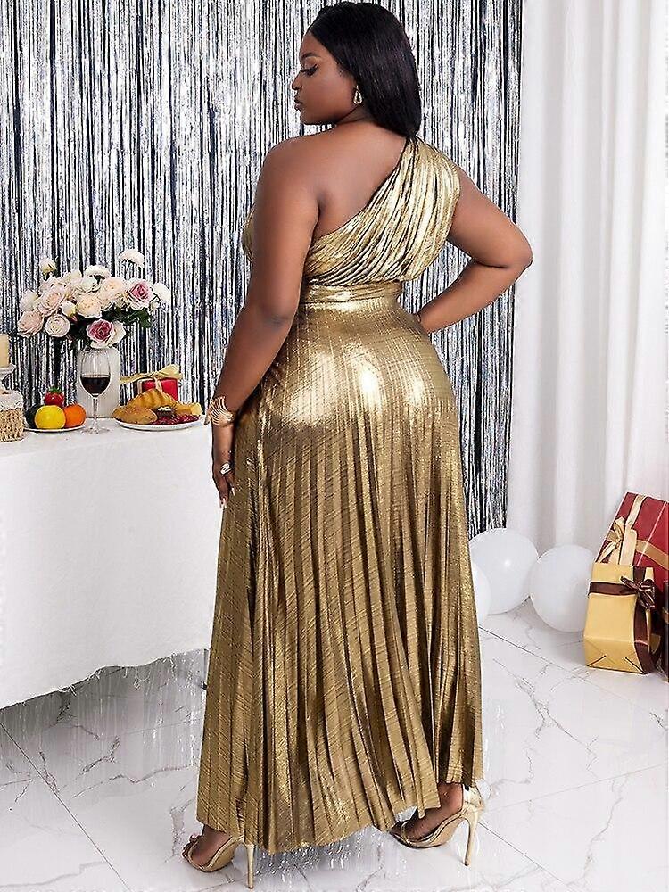 Shiny Gold Evening Dress Elegant Women Event Luxury Maxi Long Pleated ...