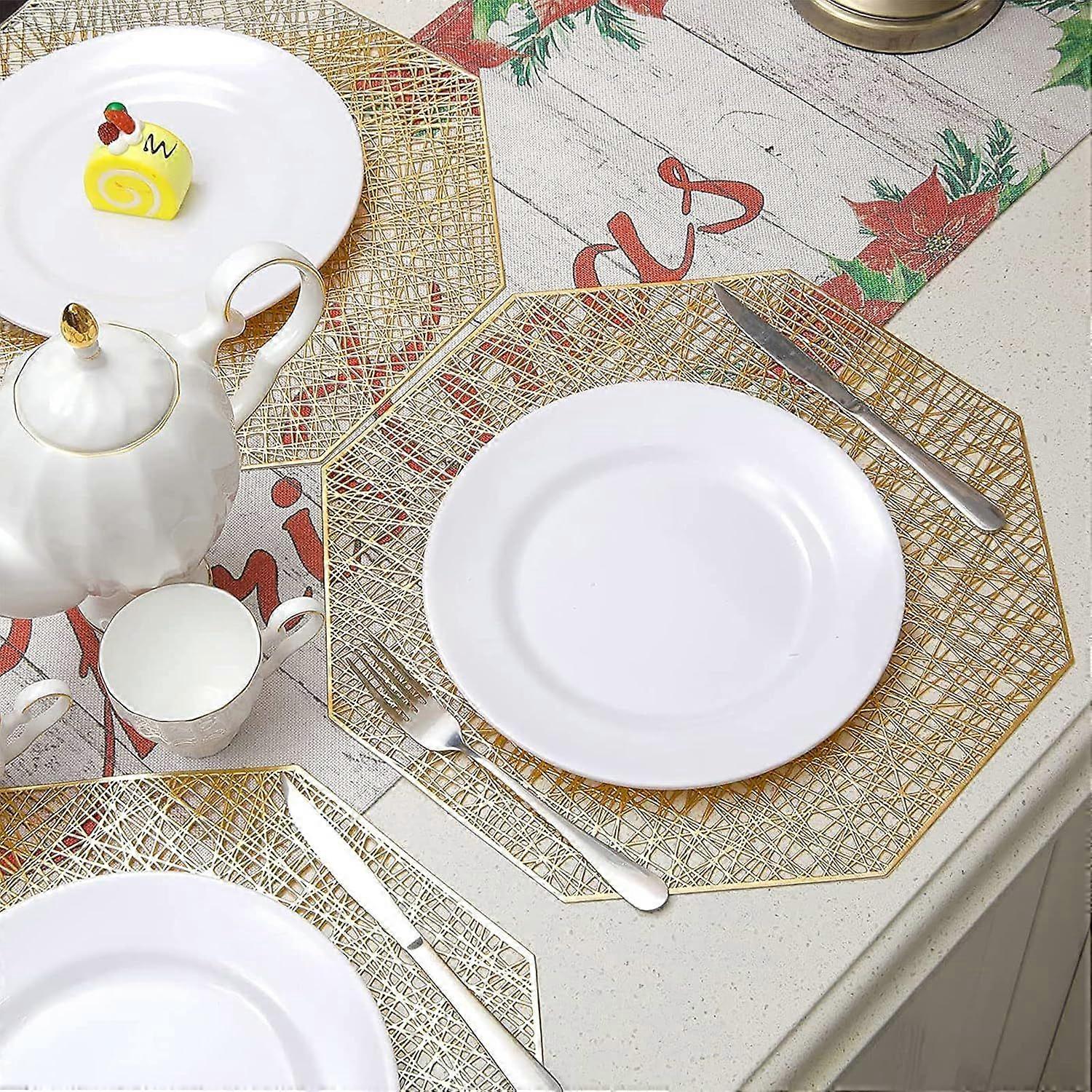6pcs Octagonal Gold Placemats Hollow Out Mats Vinyl Non Slip Heat ...