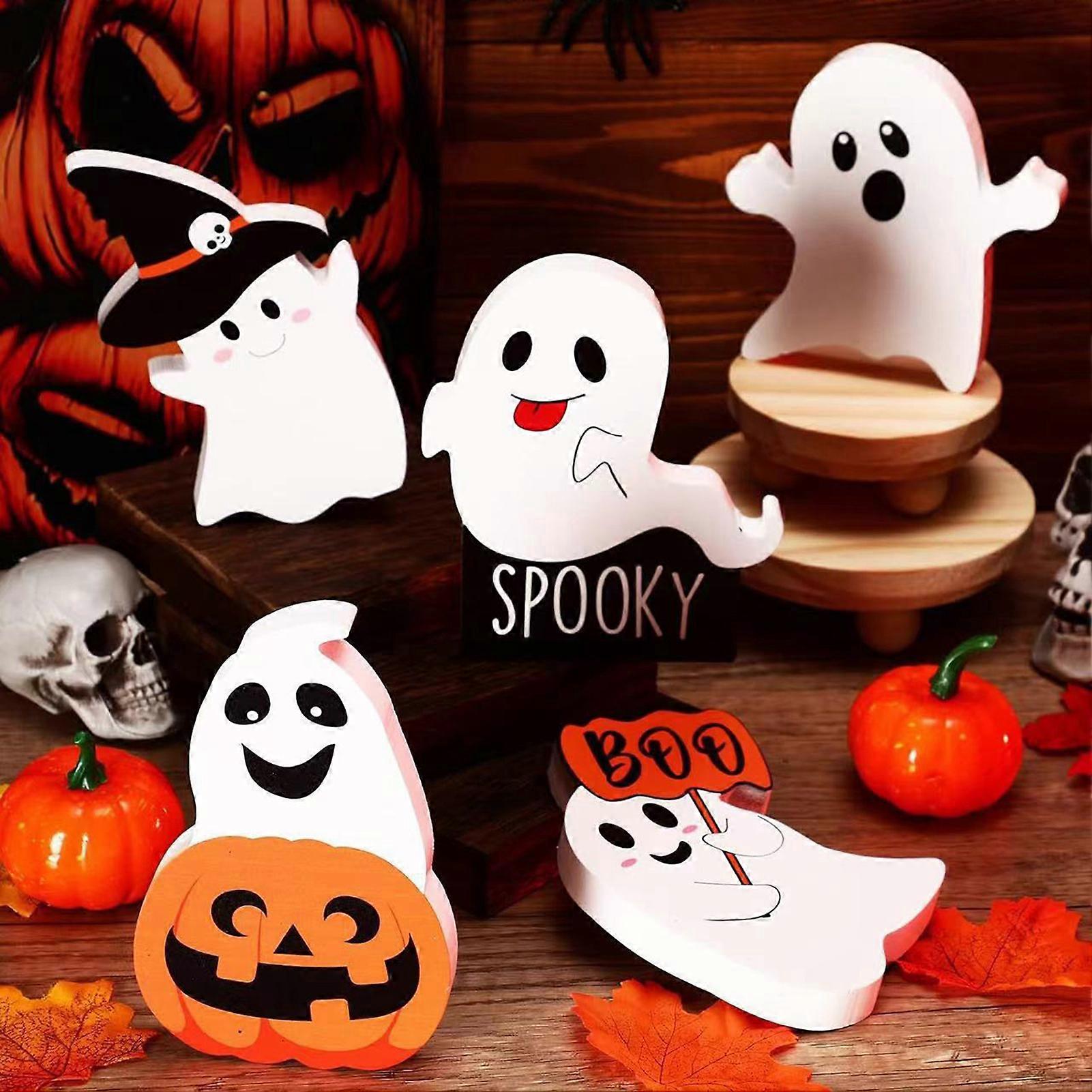 5 Pcs Halloween Ghost Decorations Cute Wooden White Ghost Figurines ...