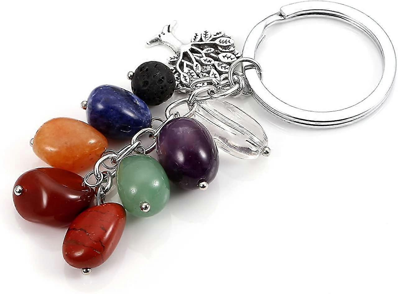 Natural 7 Chakra Crystal Gemstone Key Ring W Lava Stone Tree Of Bavoe Life Charm, Reiki Healing ...