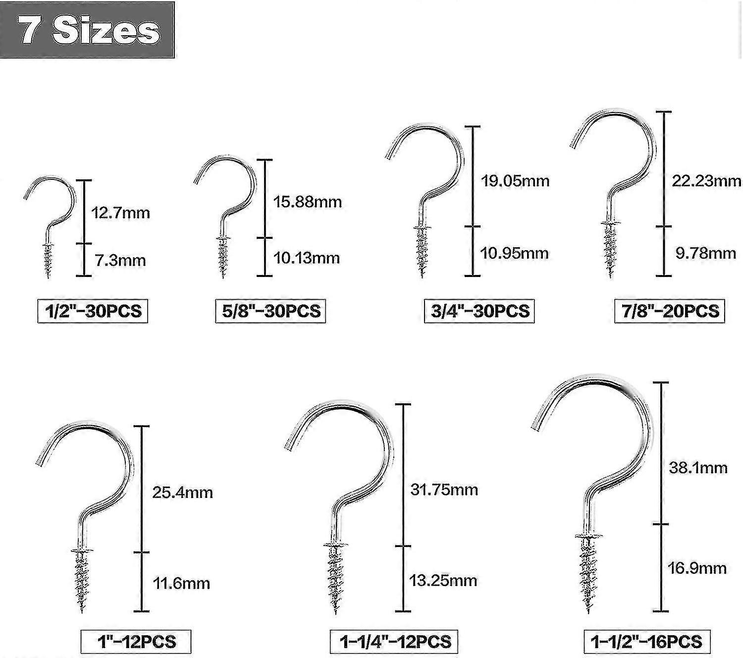 Screw Hooks, Pack Of 150 Wood Thread, Hooks For Screwing 7 Sizes Screw ...