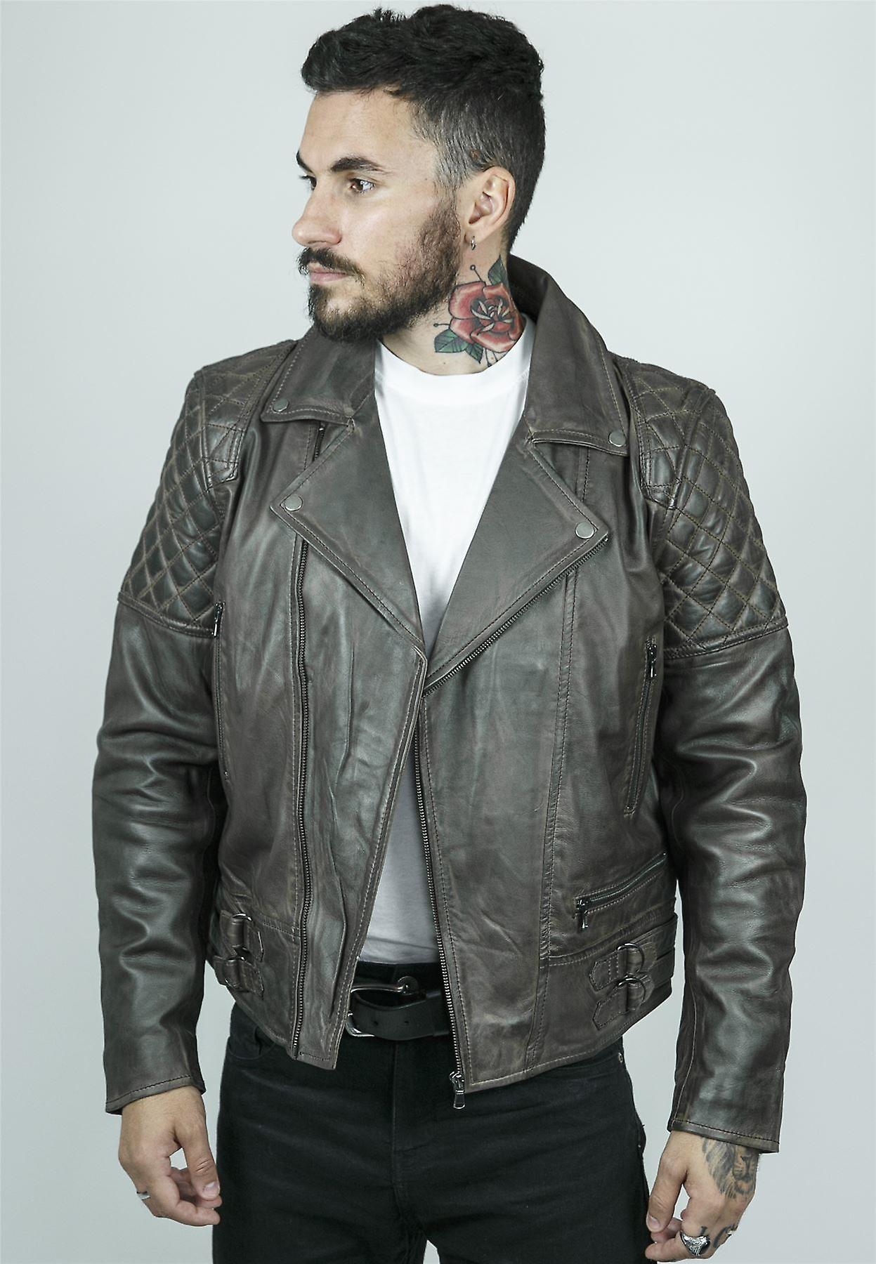 Men's Real Leather Cross Zip Jacket Brando Soft Vintage Quilted ...