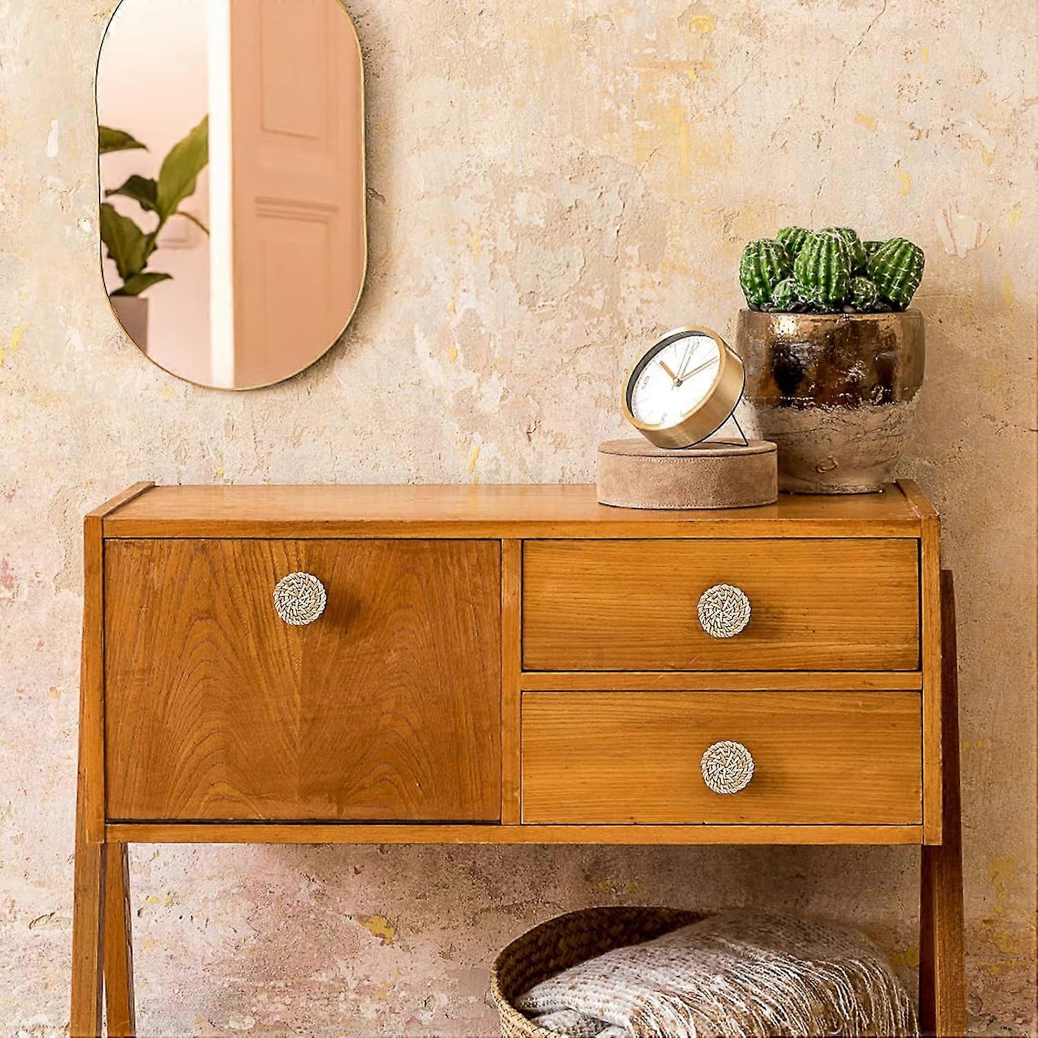 5 Pack Boho Rattan Drawer Knobs, Round Wood Drawer Knobs Handmade Woven ...