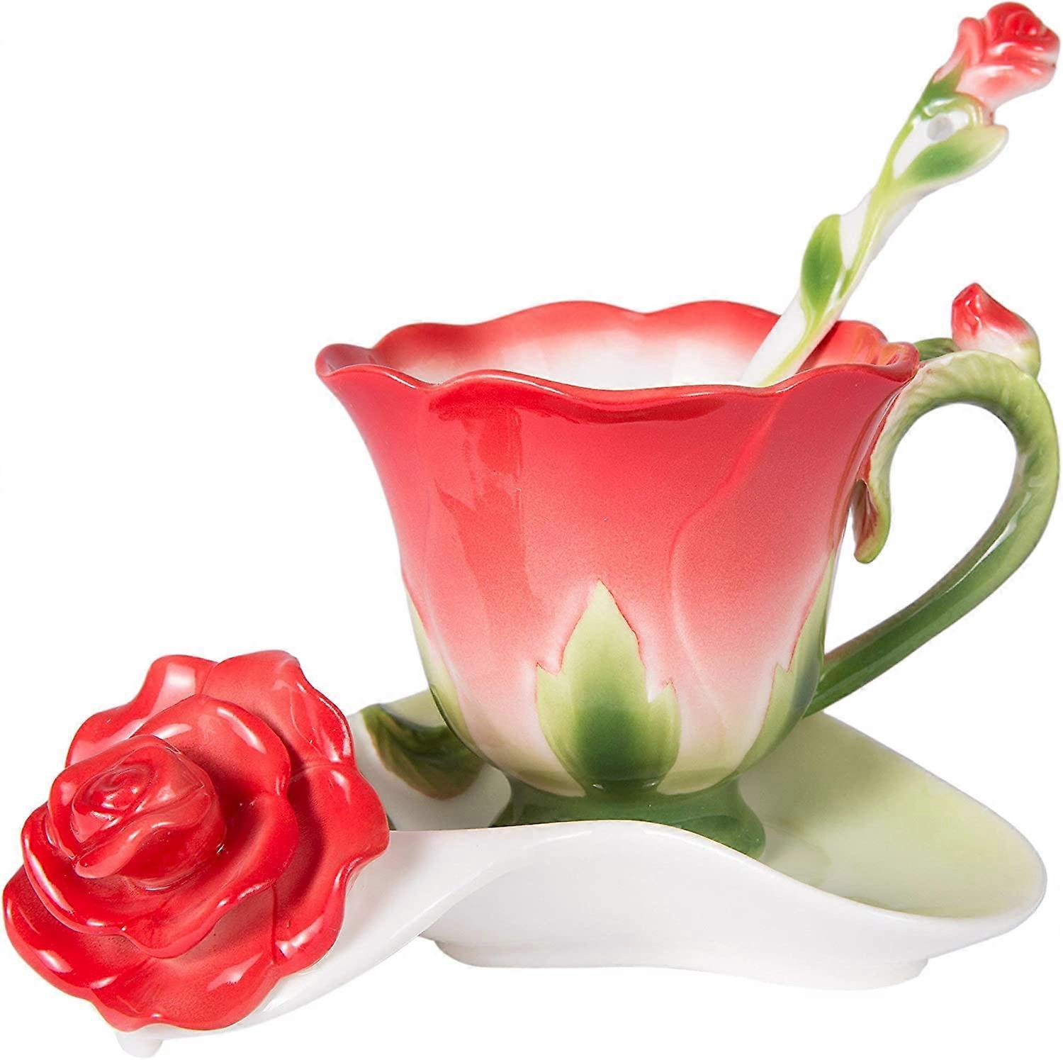 Ceramic Teacup Set Red Rose Shape Porcelain Coffee Tea Cup Set With ...
