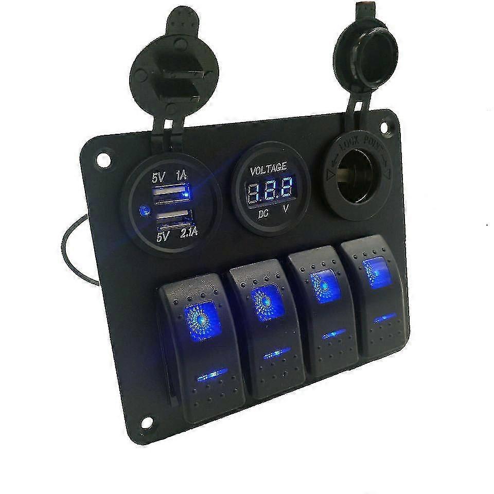 4 Gang Dc 12v Rocker Switch Panel Dual Usb Port Color Display Volt ...