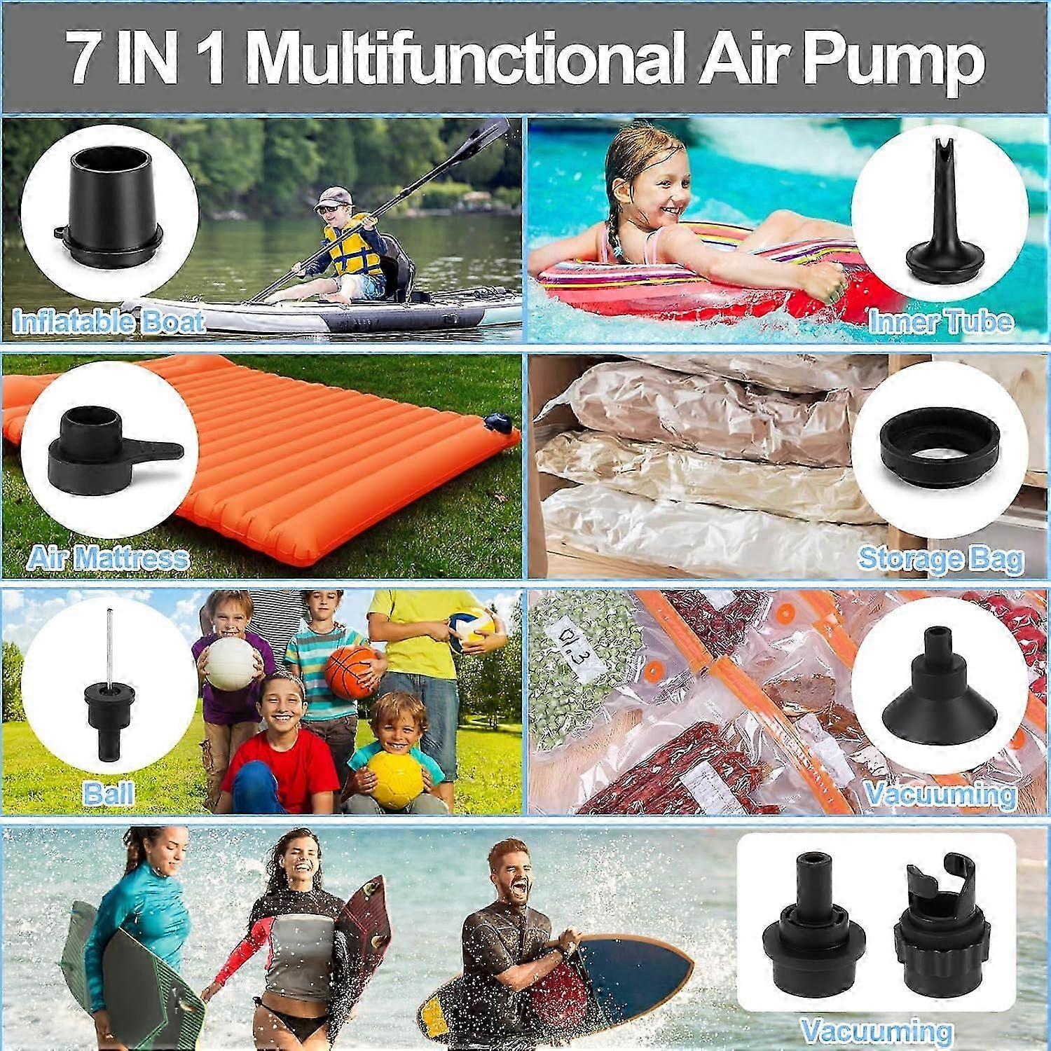 20PSI Electric Air Pump, Rechargeable Electric Inflator with 7 Nozzles ...