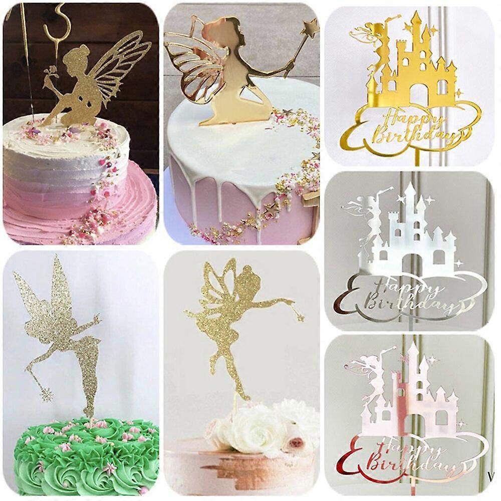 Little Fairy Happy Birthday Cake Toppers Gold Acrylic Angel Castle Elf ...