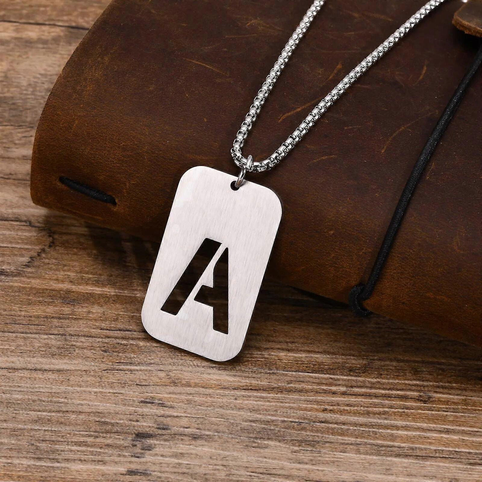 Stainless Steel Initial Necklace for Men and Women, Square Dog Tag ...