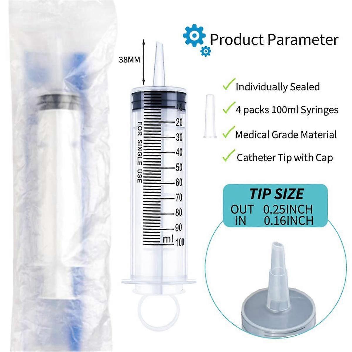 4 Pack 100Ml Syringe with Cap, Individually Sterile Sealed Plastic Liquid Syringes Catheter Tip ...
