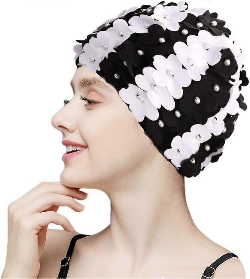 Fashy Ladies Black & White Petal Swimming Hat, Swim Cap, 3D Flower ...