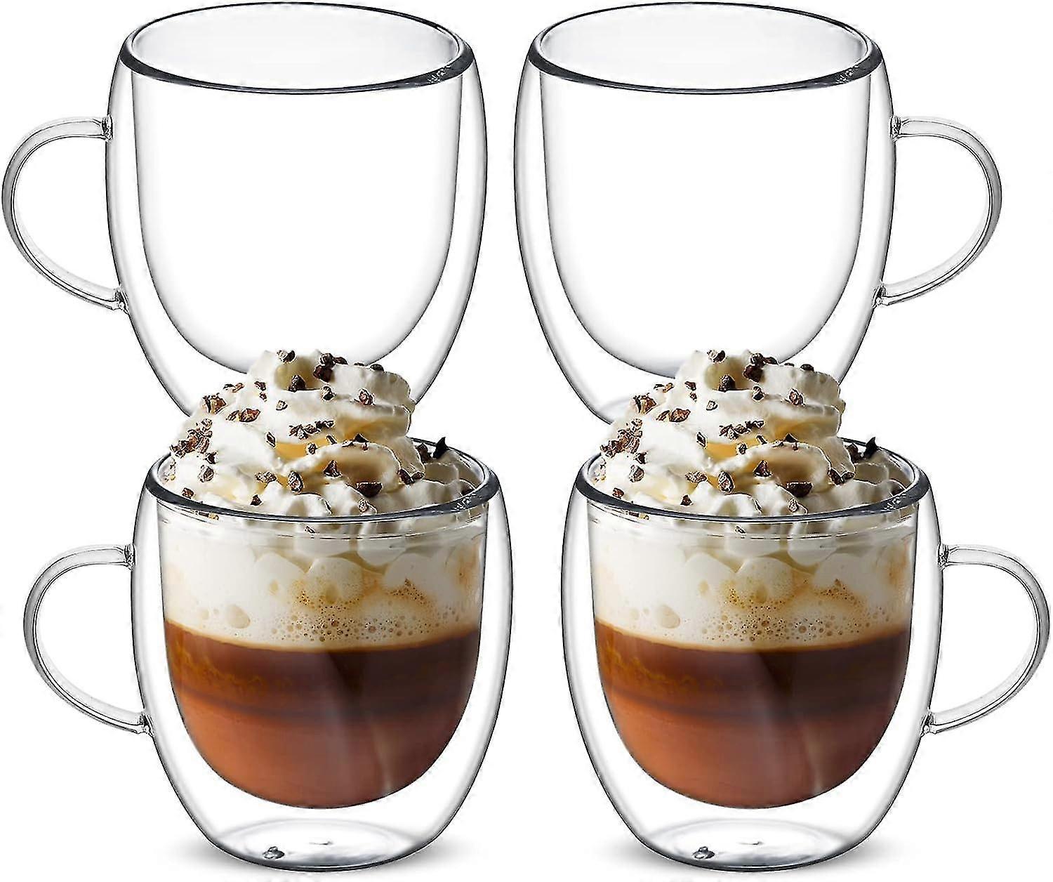 Set Of 4 Double Walled Glass Mug Set, Drinking Glass Coffee Mugs With ...