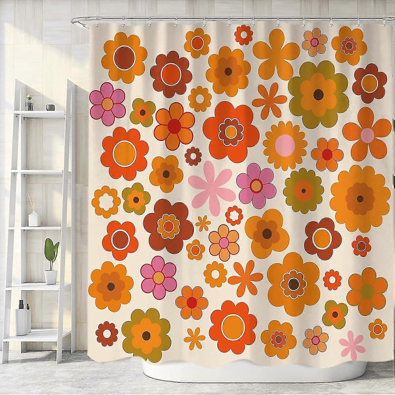 Retro Flowers Shower Curtain, Groovy Brown Orange Sun Flower Vintage ...