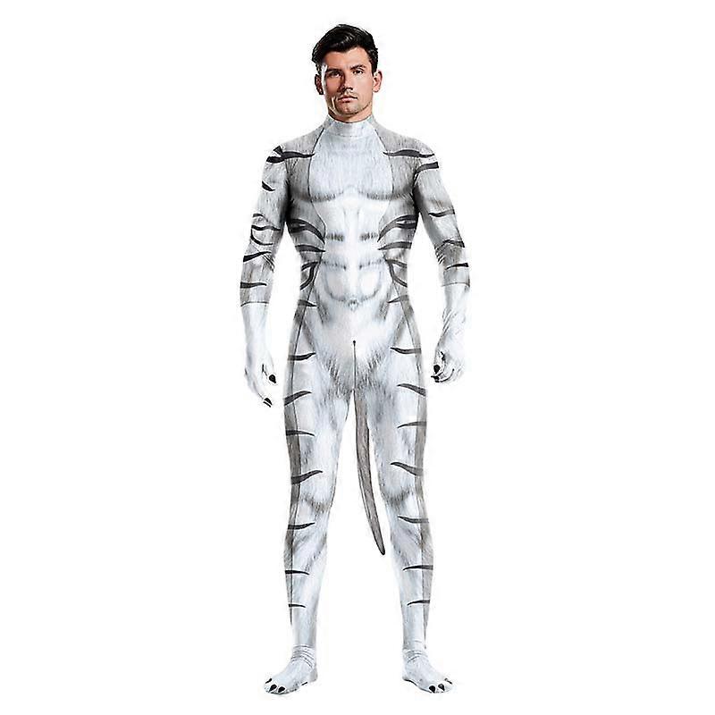 Funny Animal Costumes For Men White Tiger Cosplay 3D Printed Jumpsuit ...