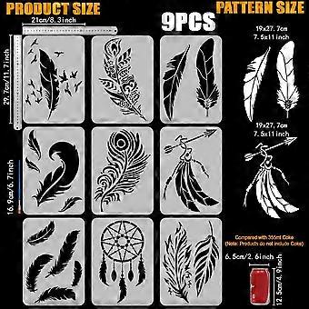 9 PCS Various Feathers Painting Stencil with a Art Paint Brush 8.3x11.7inch Reusable Feather ...