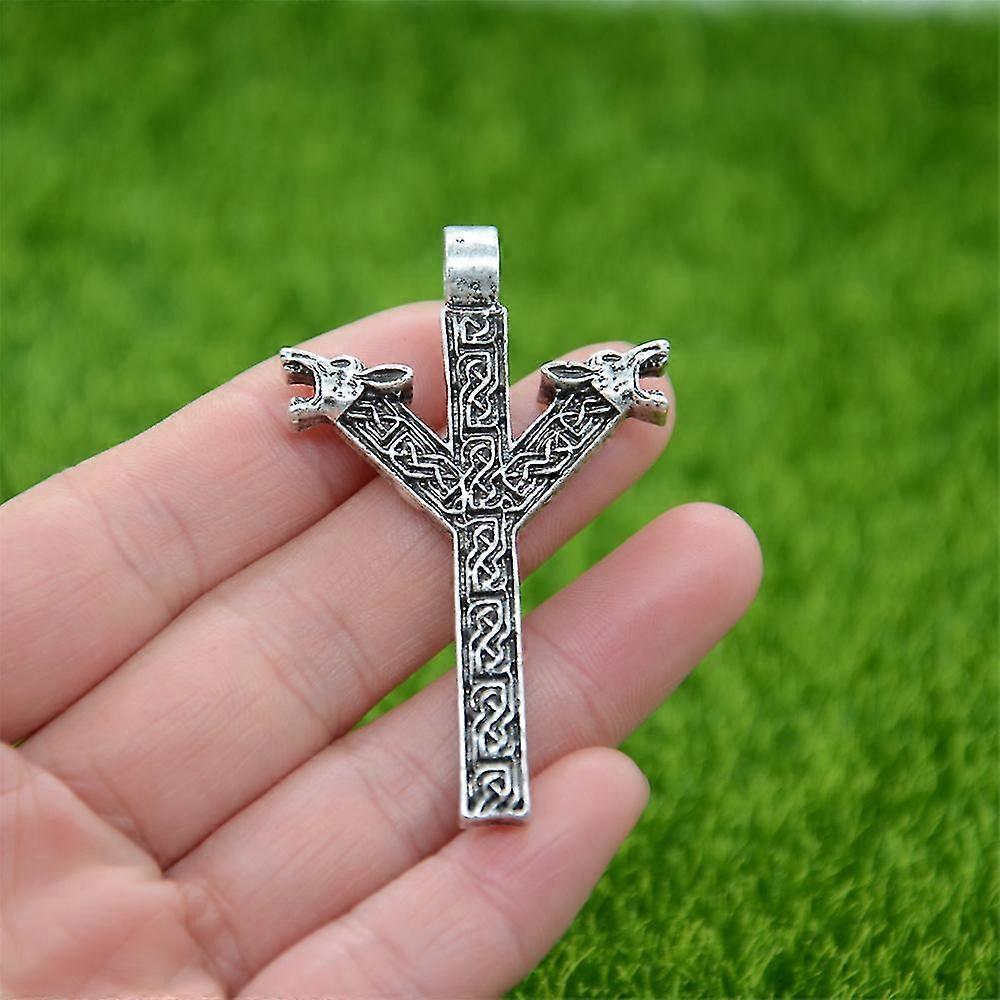 Norse Runes Algiz Protection Amulet Wolf Heads Talisman Viking Necklace ...