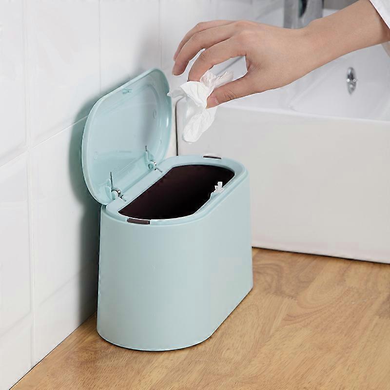 Blue , Small Tabletop Trash Can with Push Button Lid White Desktop ...