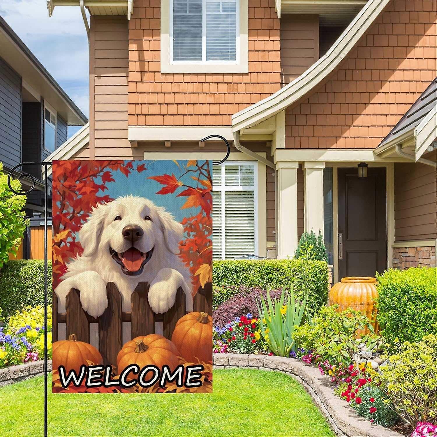 Welcome Great Pyrenees Flag 12x18 Double Sided, Pumpkin Fence Autumn ...