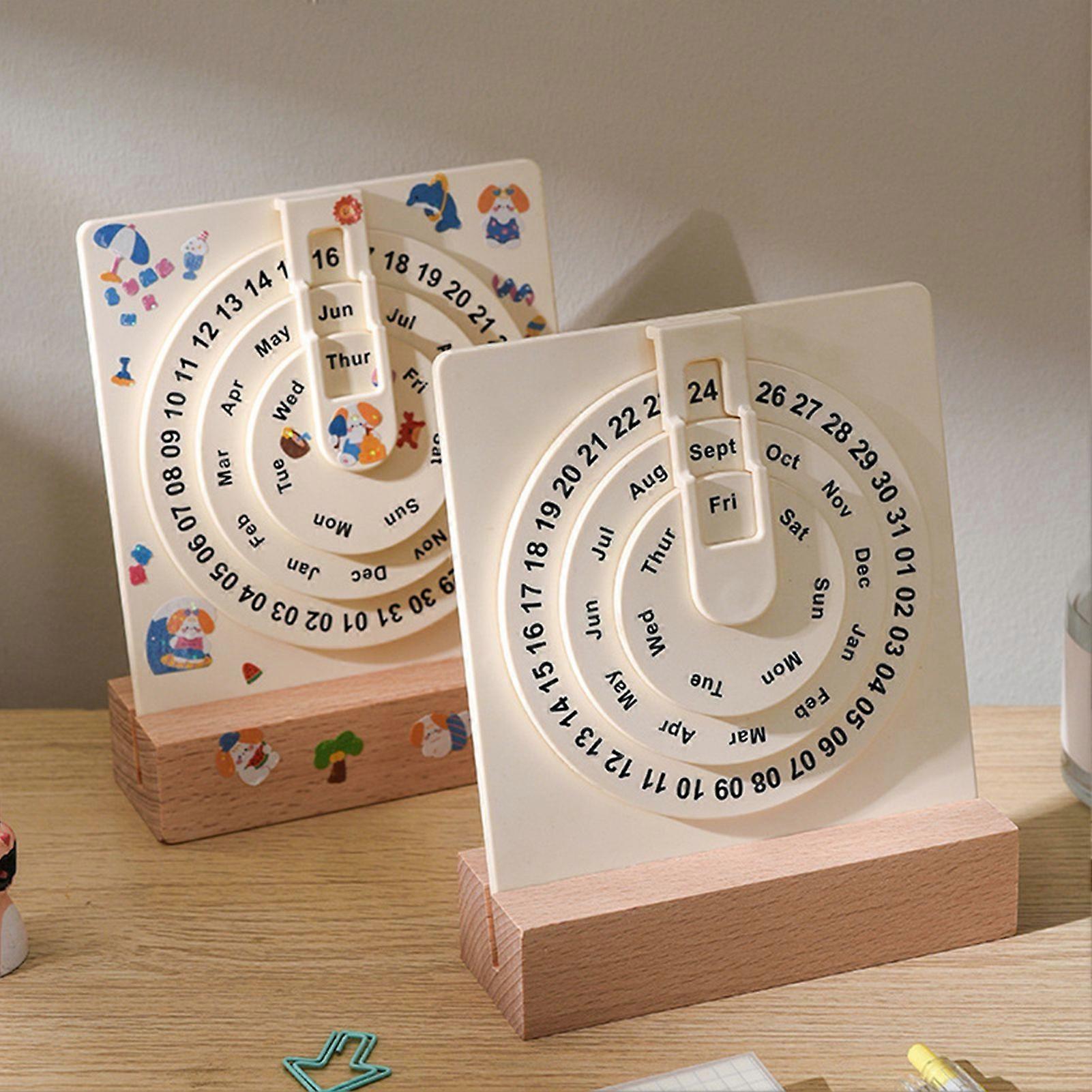 Perpetual Calendar Small Rotating Desk Circular Calendar with Wooden ...