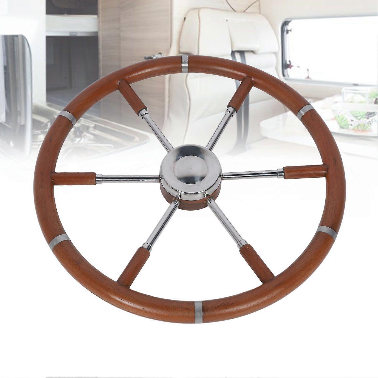 Teak Wood Handle Boat Steering Wheel 6 Spoke 304 Stainless Steel Center ...