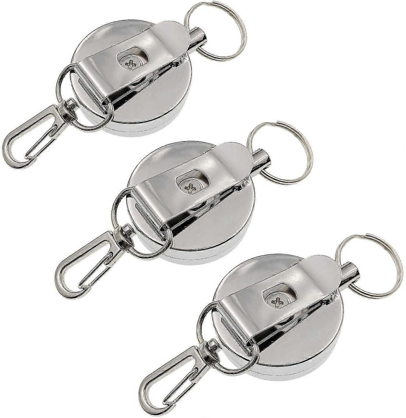 3 X Retractable Keyring Key Ring With Belt Clip And Steel Reel Chain ...
