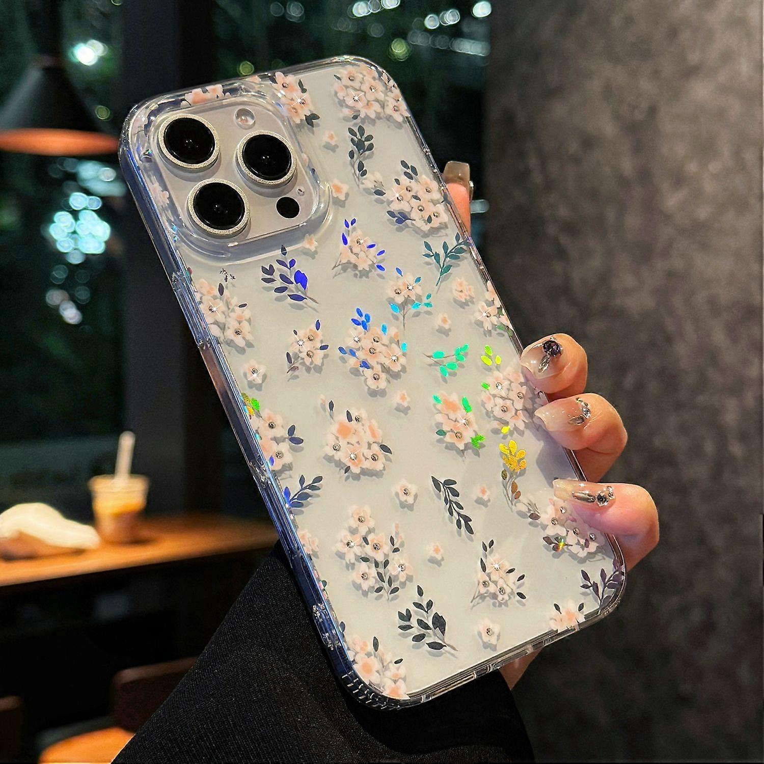 For iPhone 15 Pro Case Laser Flower IMD PC+TPU Clear Phone Cover ...