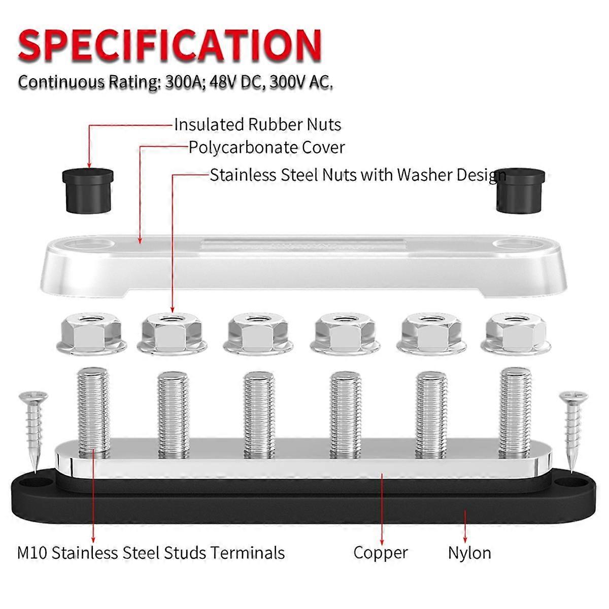 300A Automotive Busbar 12V Power Distribution Block M10 Terminal 48V DC Automotive and Marine ...