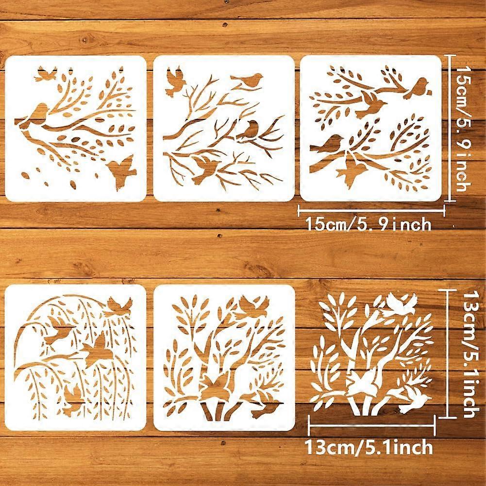 5PCS Birds and Trees Stencil for Painting 5.9x5.9inch Birds on Branches ...