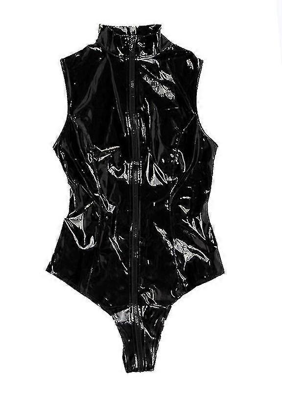 Women Sexy Latex Wet Look Front Zip Vinyl Bodysuit Teddy Pvc Catsuit ...