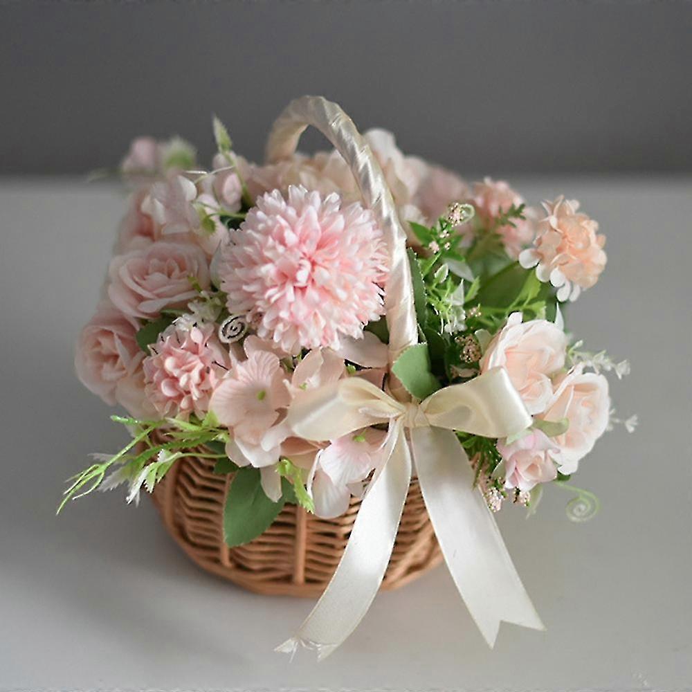 Wicker Woven Flower Basket, With Handle And White Ribbon, Wedding ...