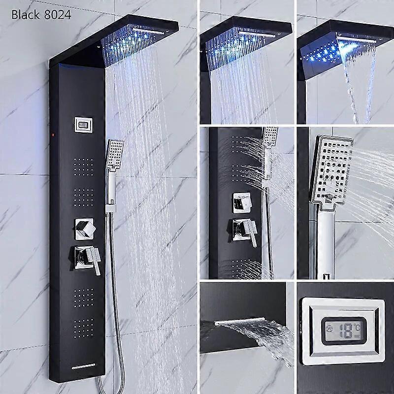 Black LED Rain/Waterfall Head Shower Panel Digital Screen Massage Jets ...