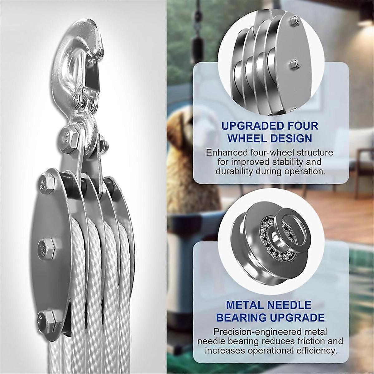 Block and Tackle Pulley System, 4-Wheel Rope Pulley Hoist,2200LB Work ...