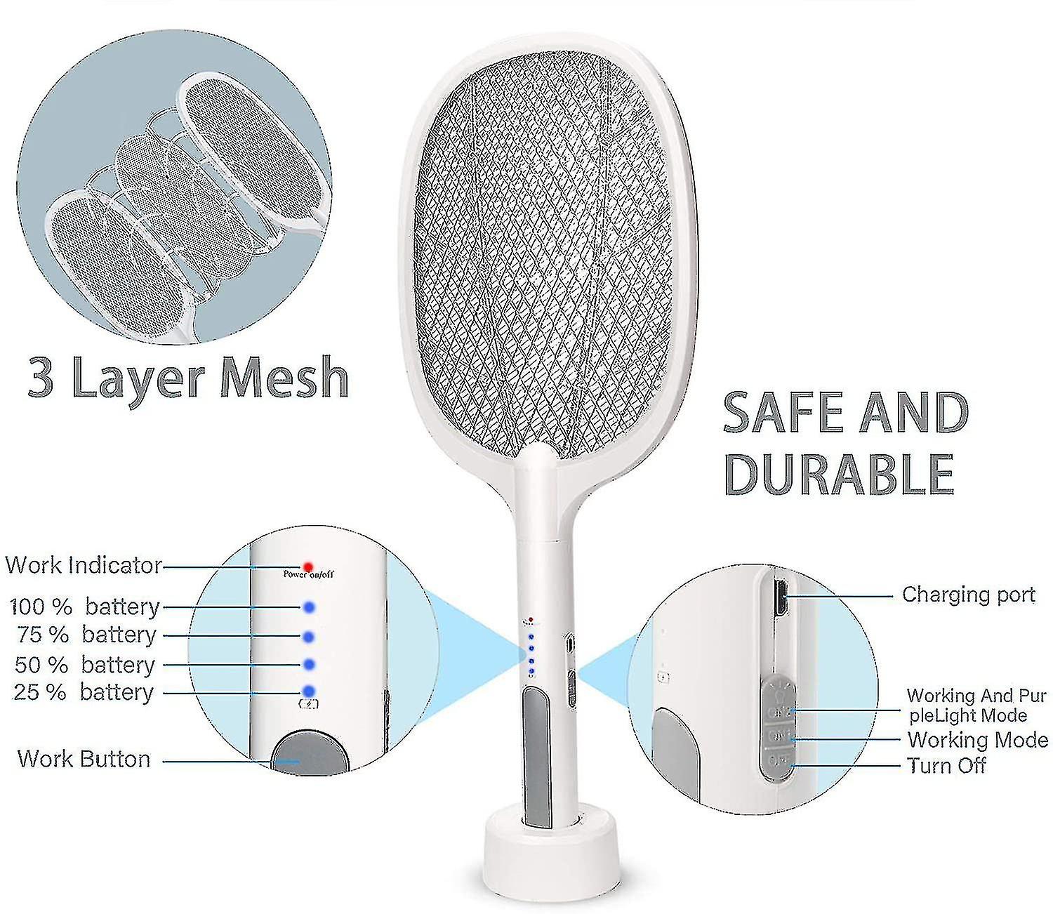 Electric Fly Swatter,usb 2 In 1 Mosquito Killer Racket,3-layer Mesh,21. ...