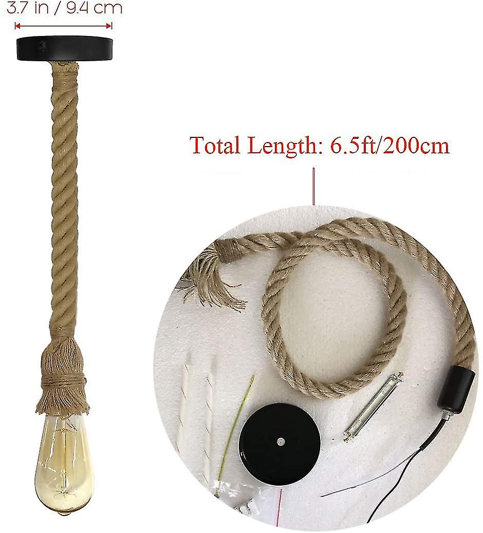 Pendant Light Fixture Hemp Rope Lamp Vintage Rope Lighting 6.5ft 200cm ...