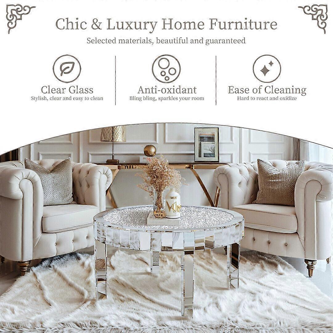 FATIVO Large Round Mirrored Coffee Table Beveled Bling Crushed Diamond ...