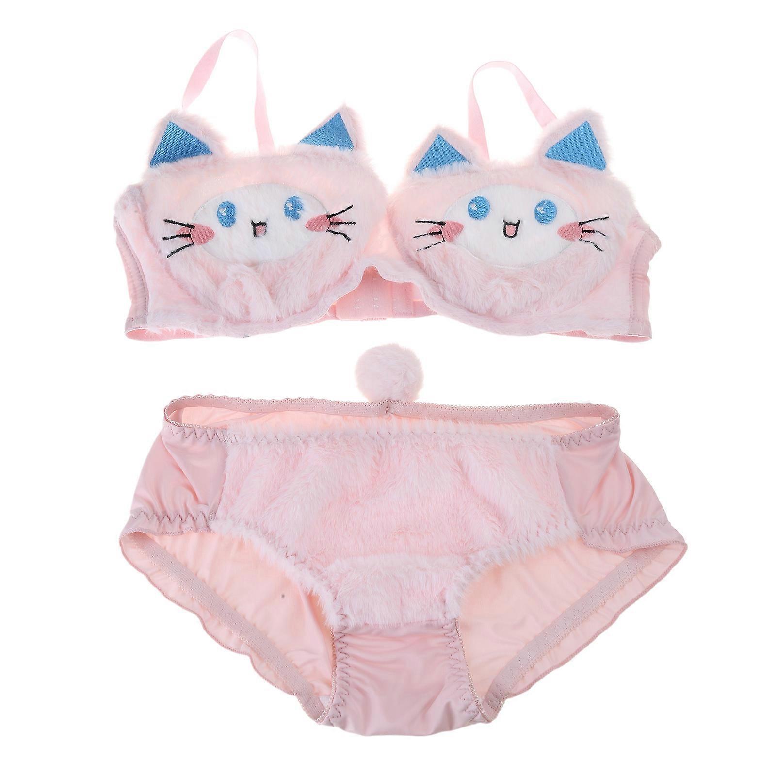 Women Cartoon Cats Ears 2Pcs Plush Bra and Panty Set Adjustable Strap ...